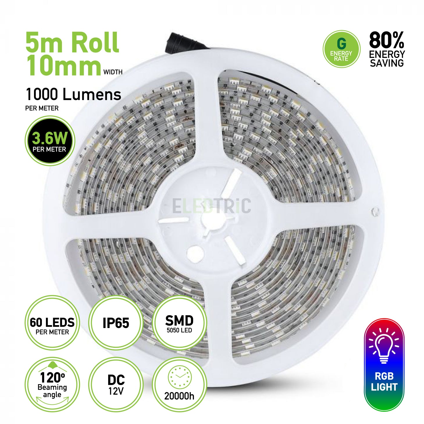 V-TAC SMD 5050 LED Strip Light 5M IP65 RGB 12V Tape – Eledtric